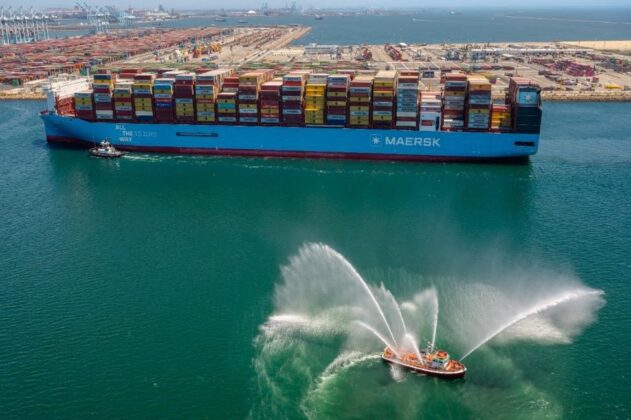 Maersk's methanol ship docks at LA green APM Terminals Pier 400 ...